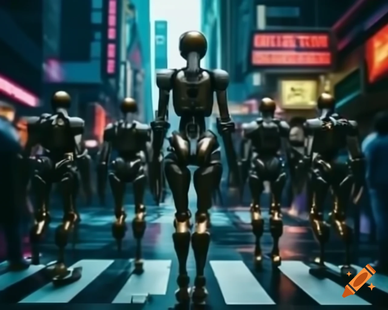 Humanoid robots and woman crossing the street in a neon-lit cyberpunk ...