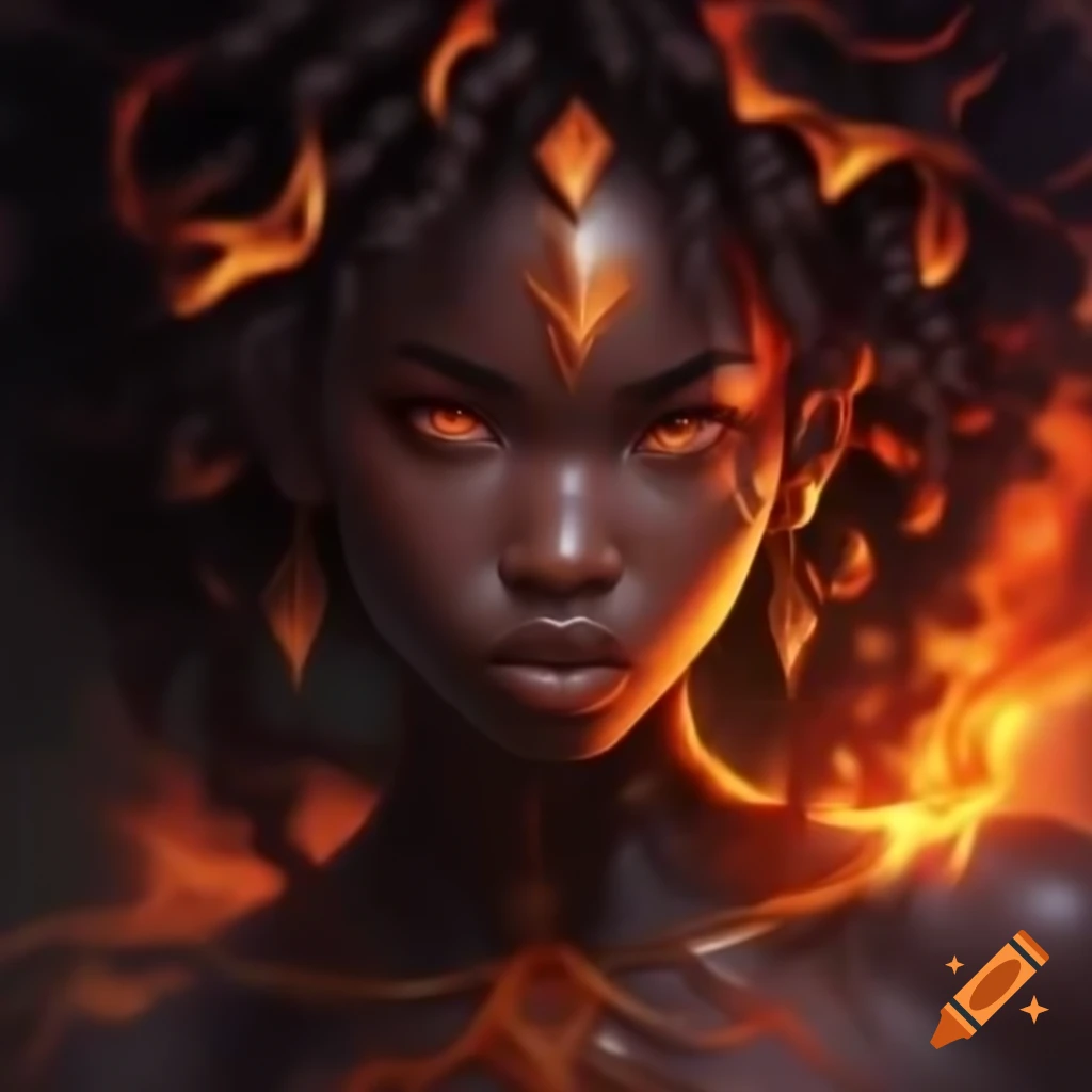 Celestial warrior queen Seraphina Kain with dark brown eyes and elegant ...