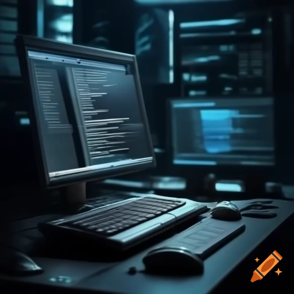Hyper-realistic high resolution image of computers displaying running code on Craiyon