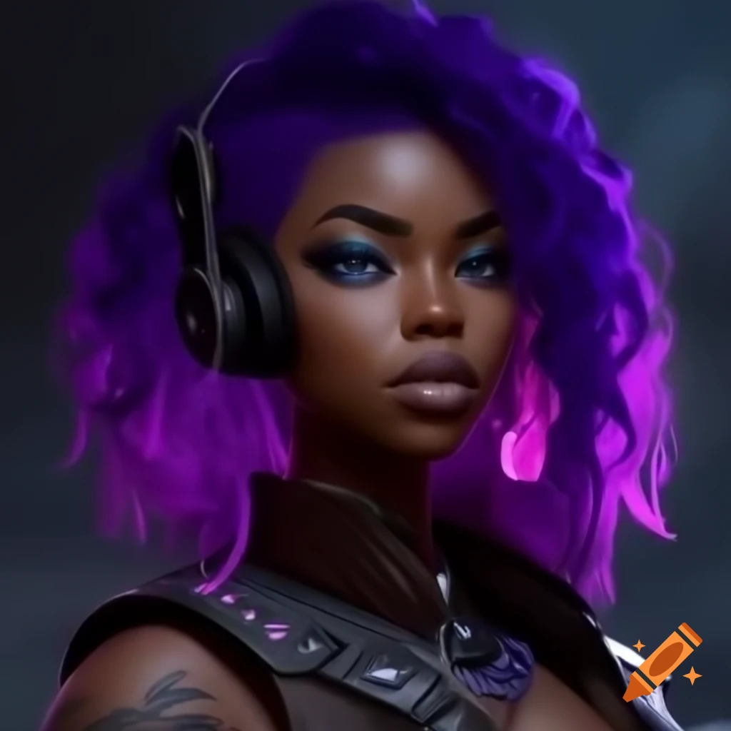 Black warrior woman gamer with purple hair in punk rock style on Craiyon