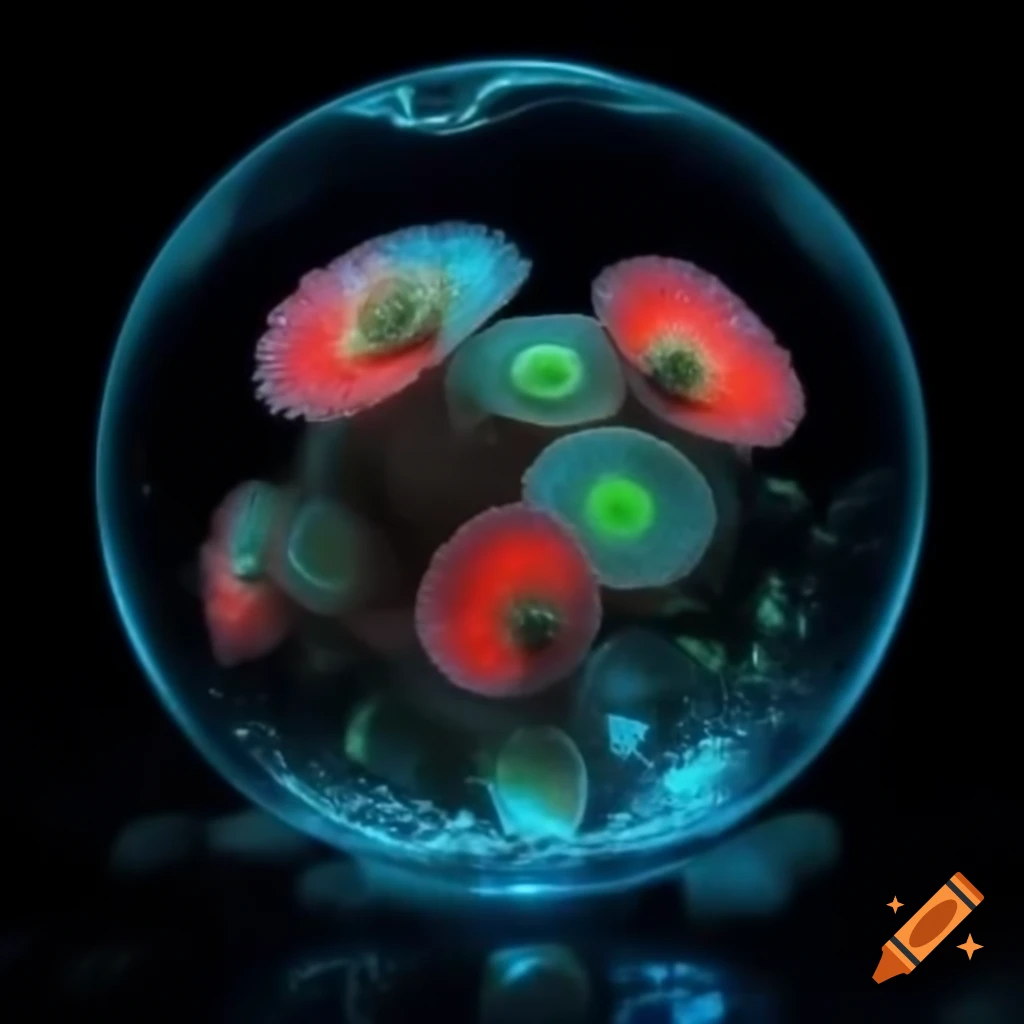 Bioluminescent red and green blobs in a glass orb on Craiyon