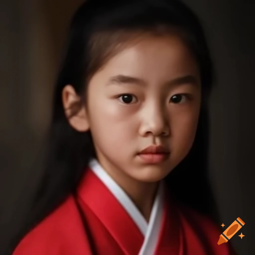 Close-up portrait of Asian girl in a red princess dress on Craiyon