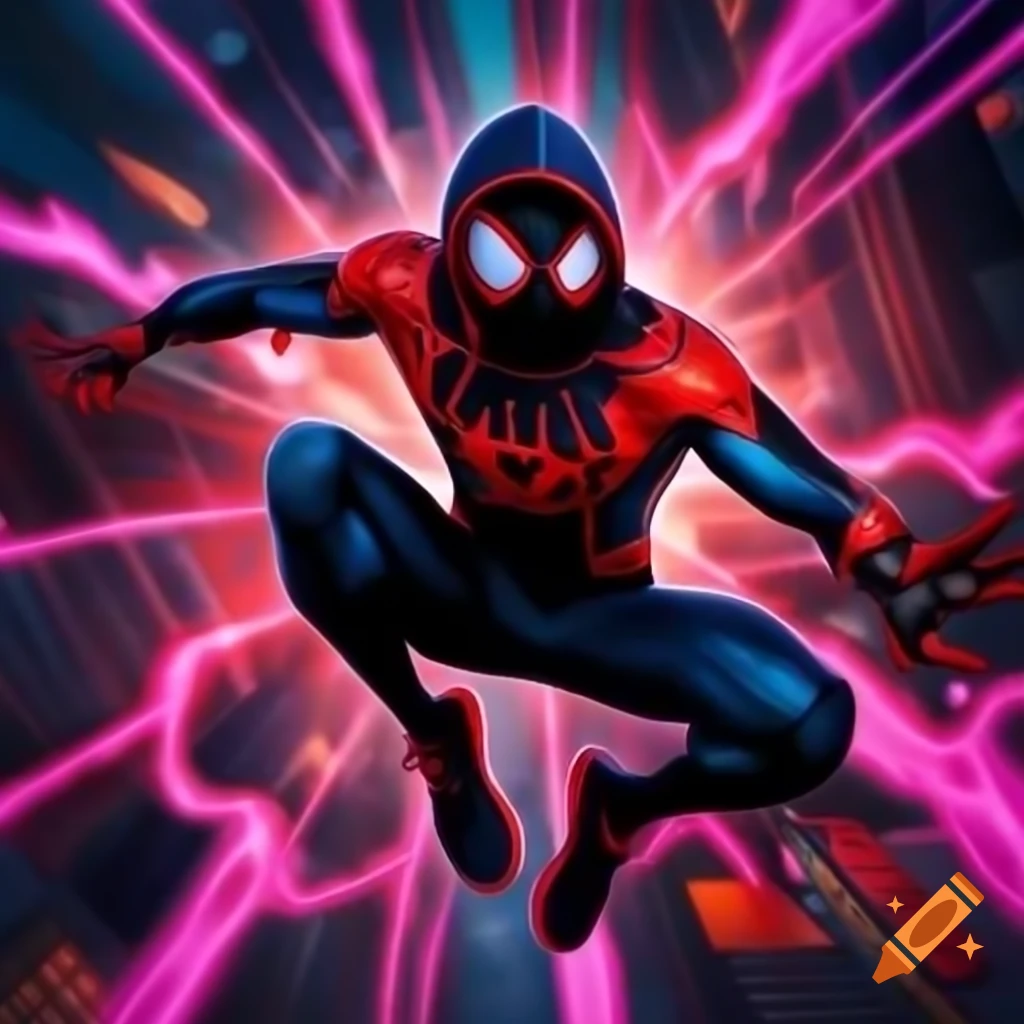Miles Morales as Spider-Man leaping in a vibrant cityscape on Craiyon