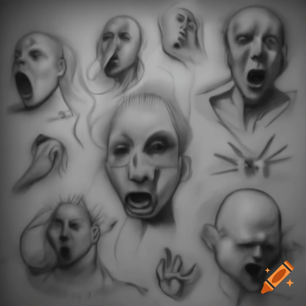 Intricate pencil drawing of human bodies with dramatic expressions ...