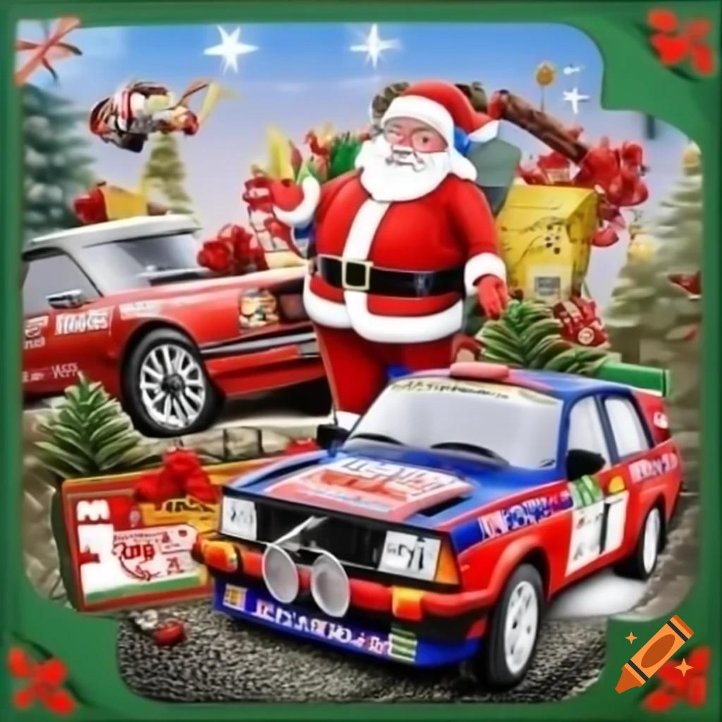 Christmas card featuring Santa Claus with a Volvo 240 rally car, deer ...