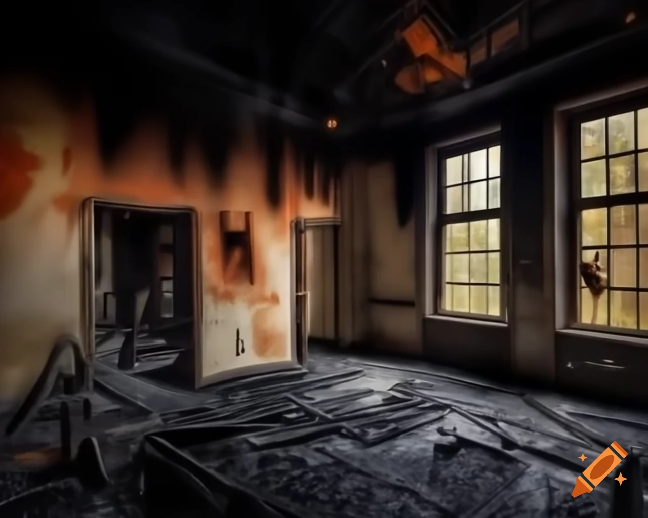 Fire scorched room with burnt paintings on the wall on Craiyon