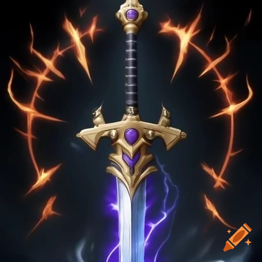 Ornate energy sword with runes, shimmering blade with lightning, flames ...