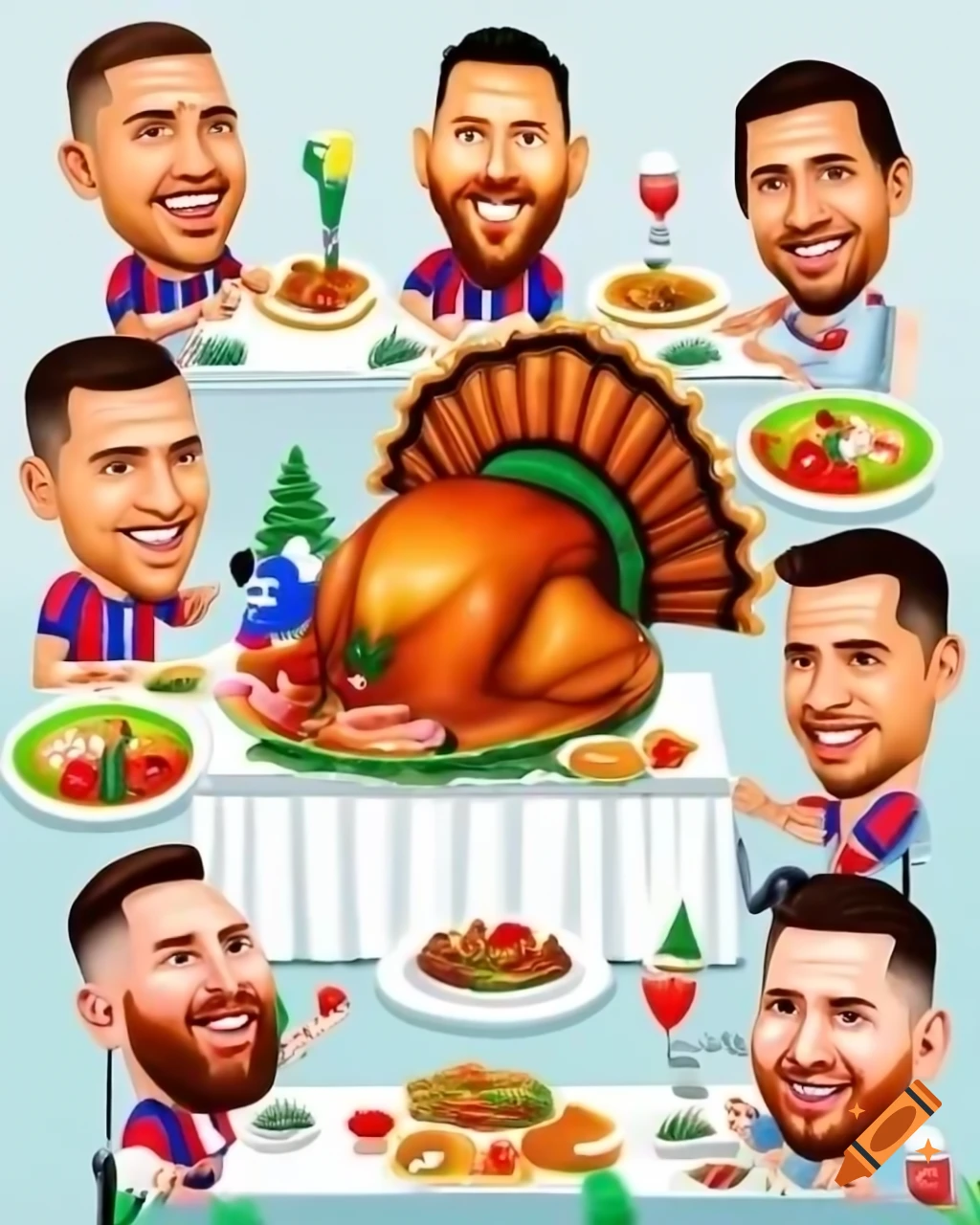 Caricature of Christmas turkey at dinner table with footballers Ronaldo ...