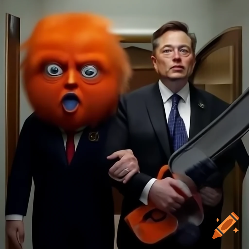 Satirical scene of Elon Musk with distorted baby and Trump holding ...