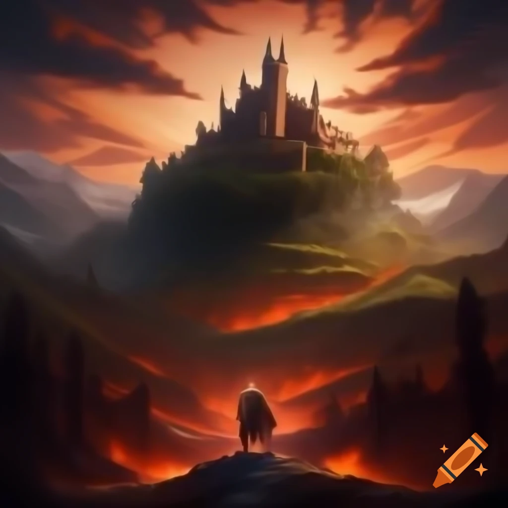 Majestic castle on mountain at sunset with knight in foreground on Craiyon