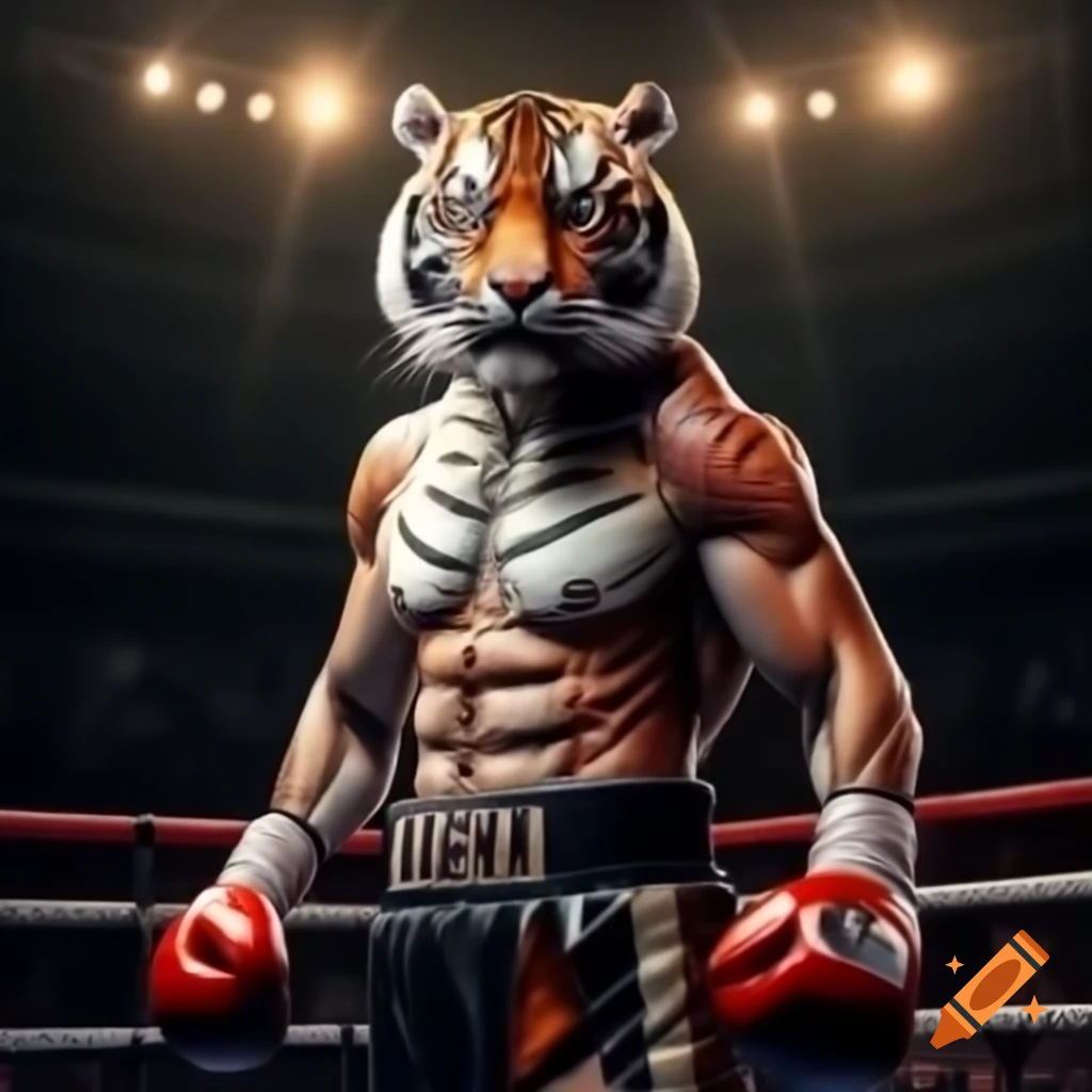 Muscular boxer with tiger head in boxing ring under dramatic lighting ...