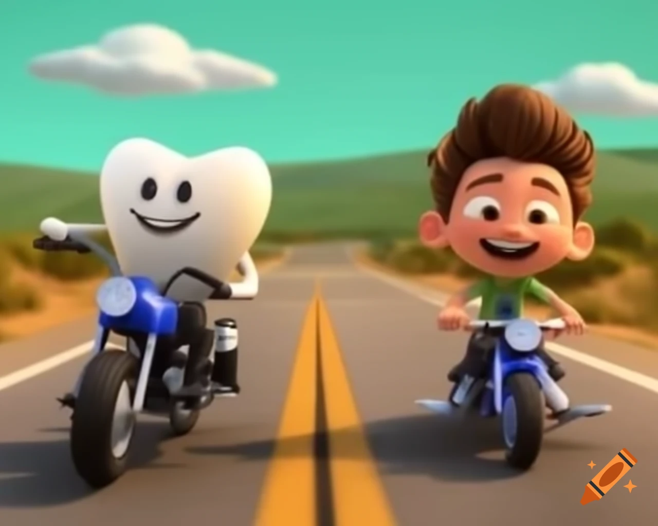 Animated happy tooth riding blue motorcycle on open road, rock star ...