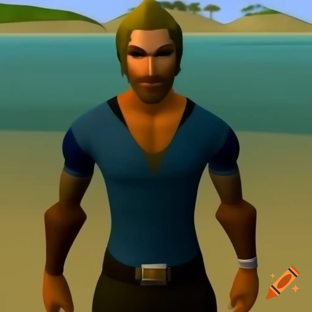Man in runescape-inspired setting with beach backdrop and dark blonde ...