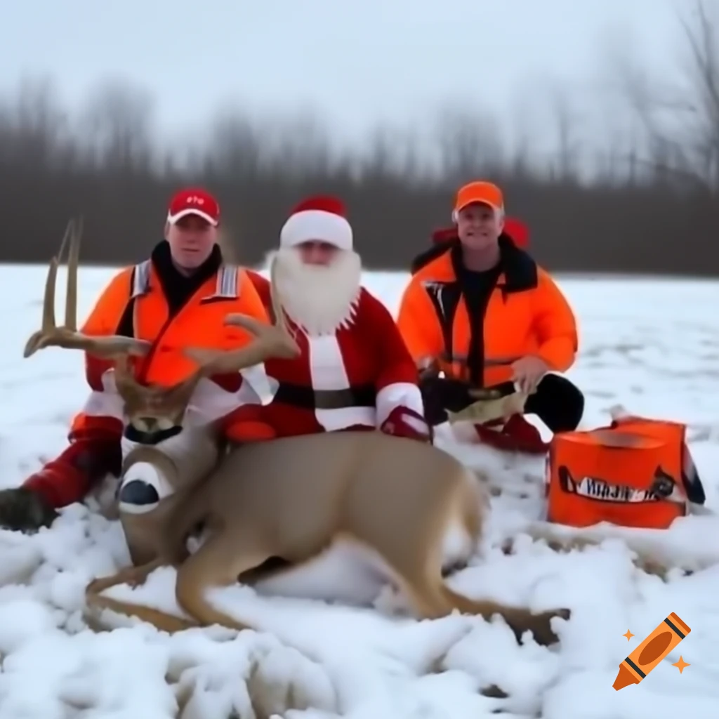 Santa claus hunting whitetail deer in snowy field wearing orange vest ...