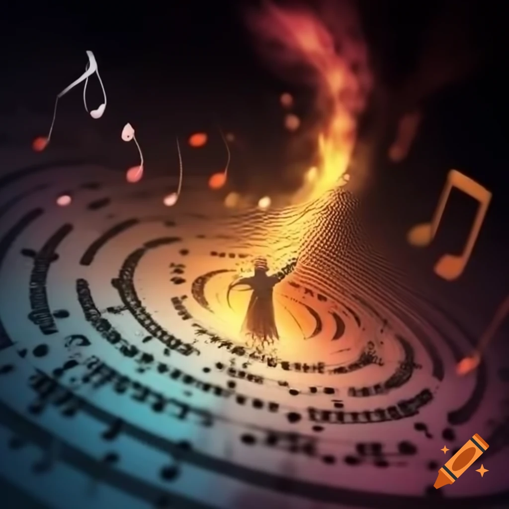 Mage commanding vibrant musical notes in a captivating spectacle on Craiyon