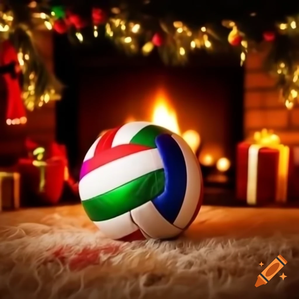 Volleyball decorated with Christmas lights, tinsel, and ornaments on ...