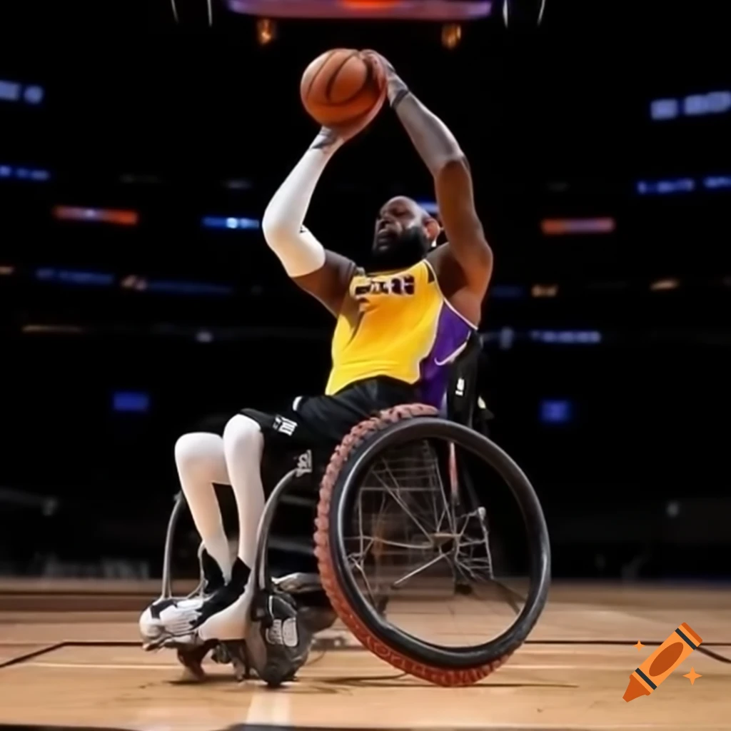 LeBron James shooting basketball from wheelchair on Craiyon