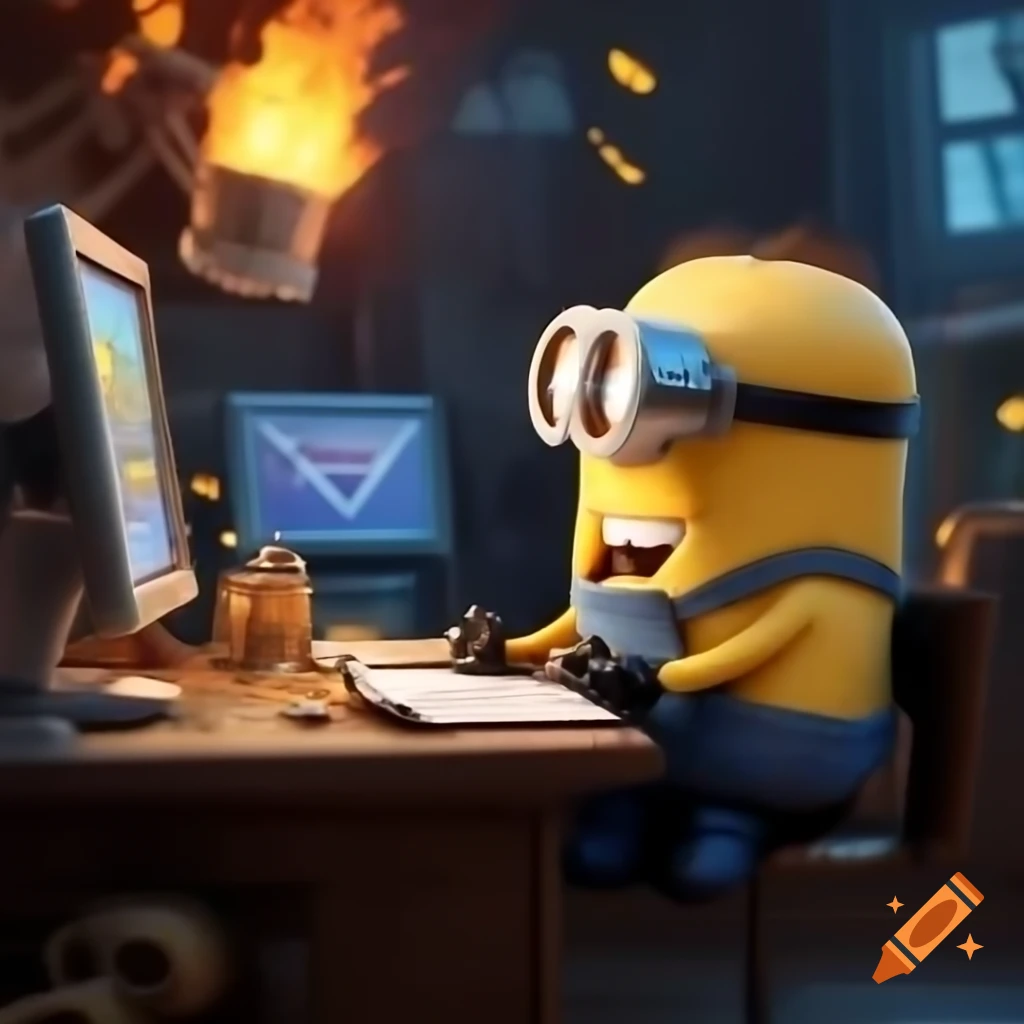 Happy minion typing on pc in chaotic, burning room on Craiyon