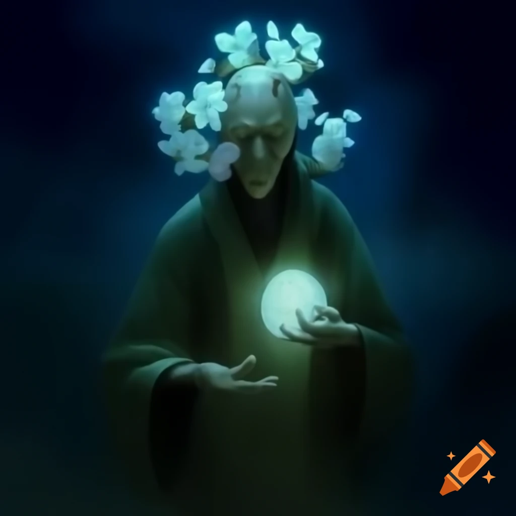 Ancient Yokai awakening in moonlight surrounded by pale blossoms on Craiyon