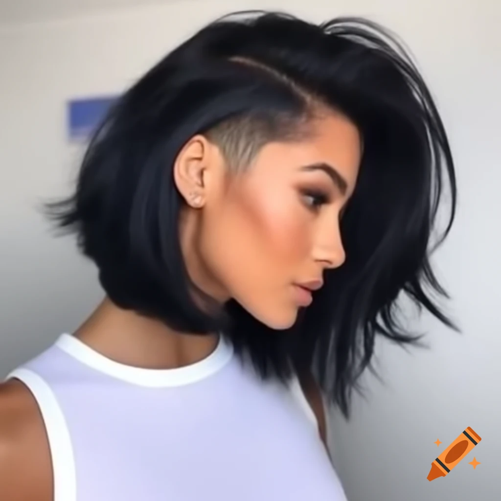 Woman with extreme shaved undercut and angled bob haircut on Craiyon