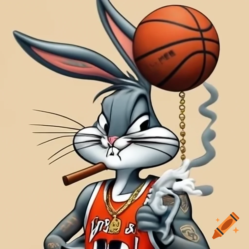 Cartoon thug Bugs Bunny in basketball jersey and gold chains on Craiyon