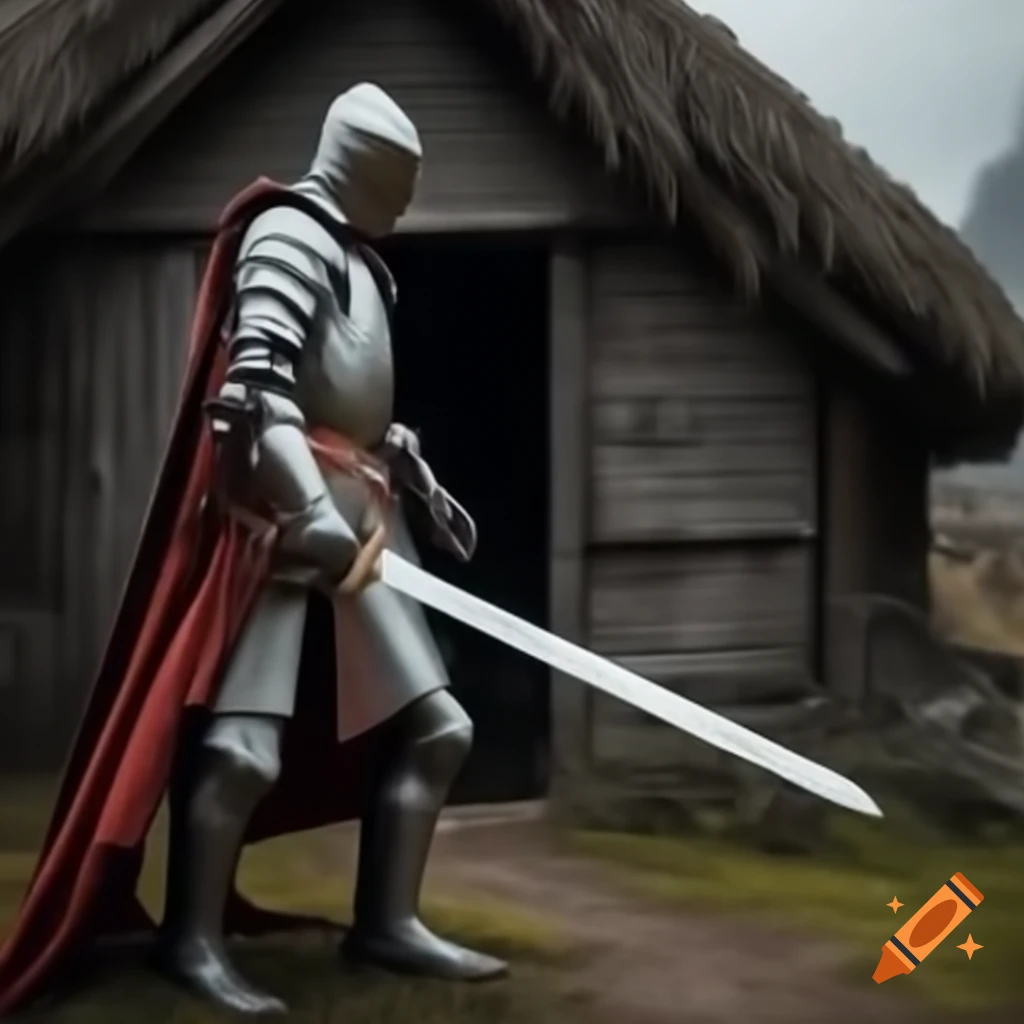 Knight in light armor emerging from wooden hut with greatsword on Craiyon