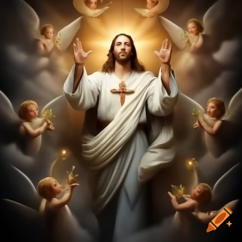 Jesus in heaven with angels and holy Spirit, creating cross sign on Craiyon