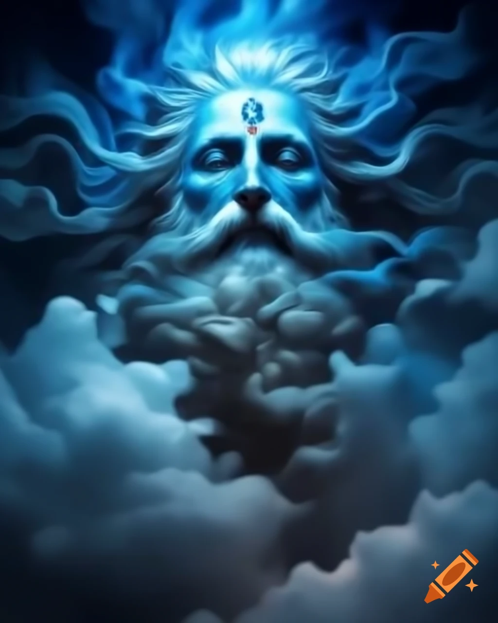 Deity with cloud beard and blue fire hair, dressed in white, depicting ...