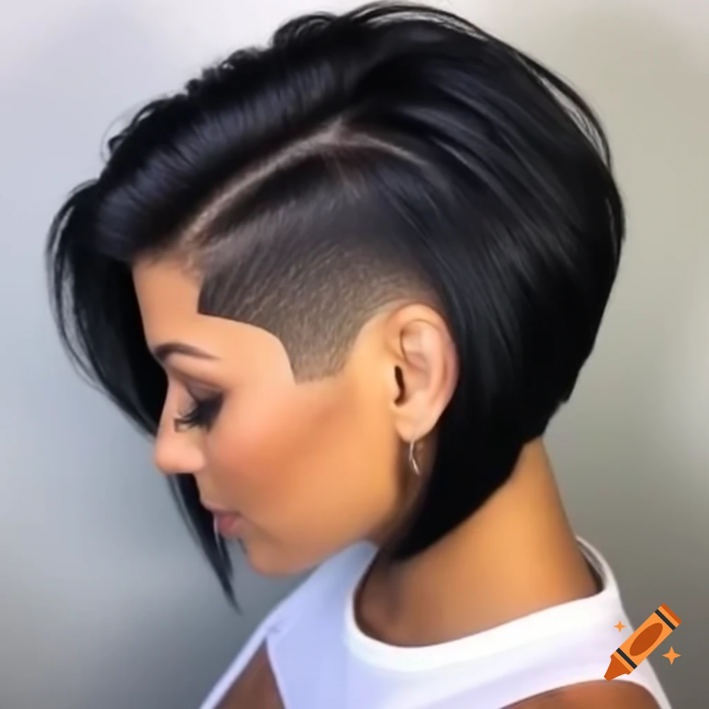 Trendy woman with thick undercut angled bob hairstyle on Craiyon