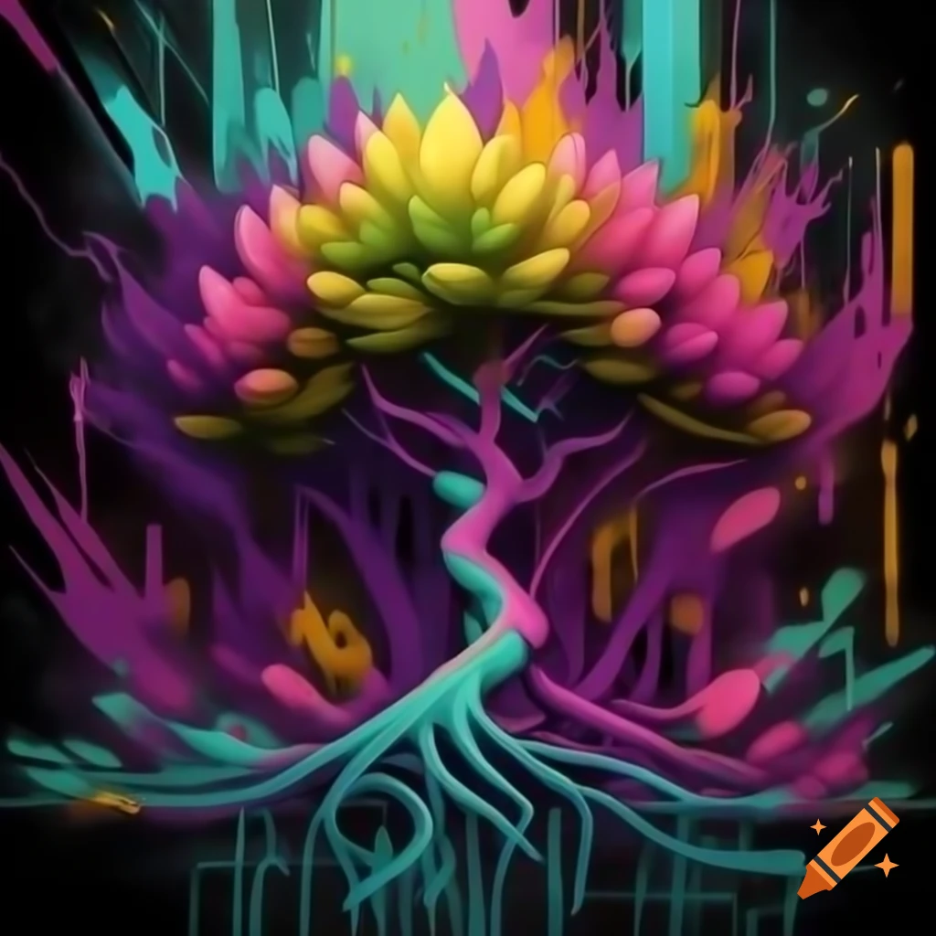 Vibrant graffiti artwork featuring powerful tree with deep roots and ...