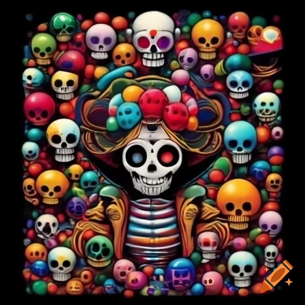 Intricate painting with skulls blending Día de los Muertos and pop-art ...