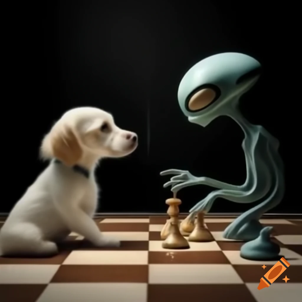 Dog playing chess with an alien in a whimsical setting on Craiyon
