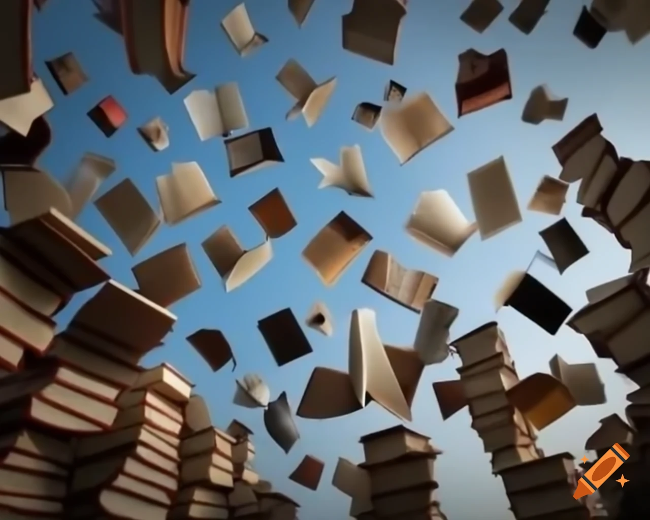 Flying books moving from left to right on Craiyon