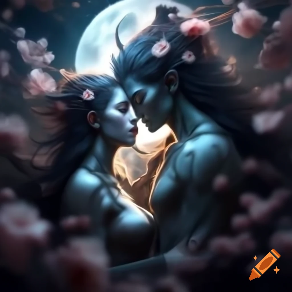 Yokai with ethereal beauty under silvery moon, adorned with blossoms and gleaming eyes on Craiyon