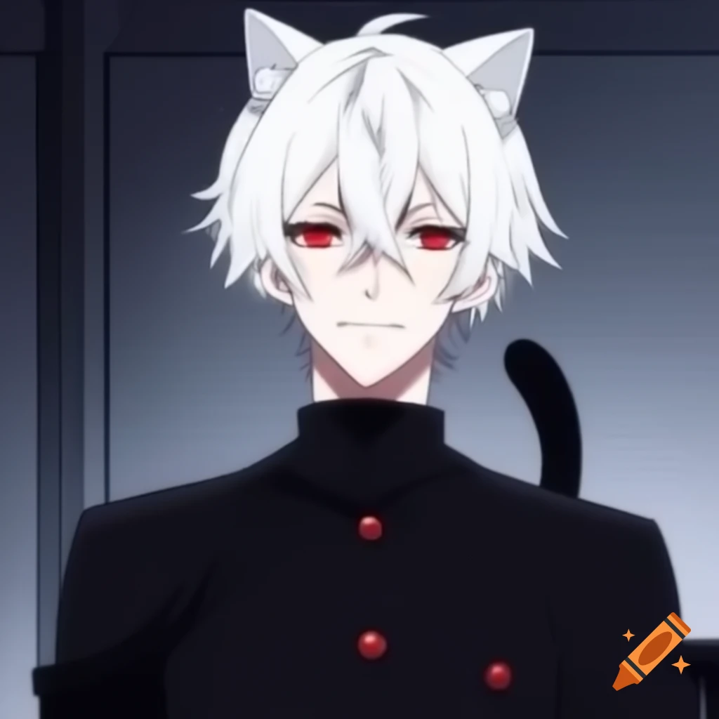 Anime character with white hair, black cat ears and tail, dressed as a ...