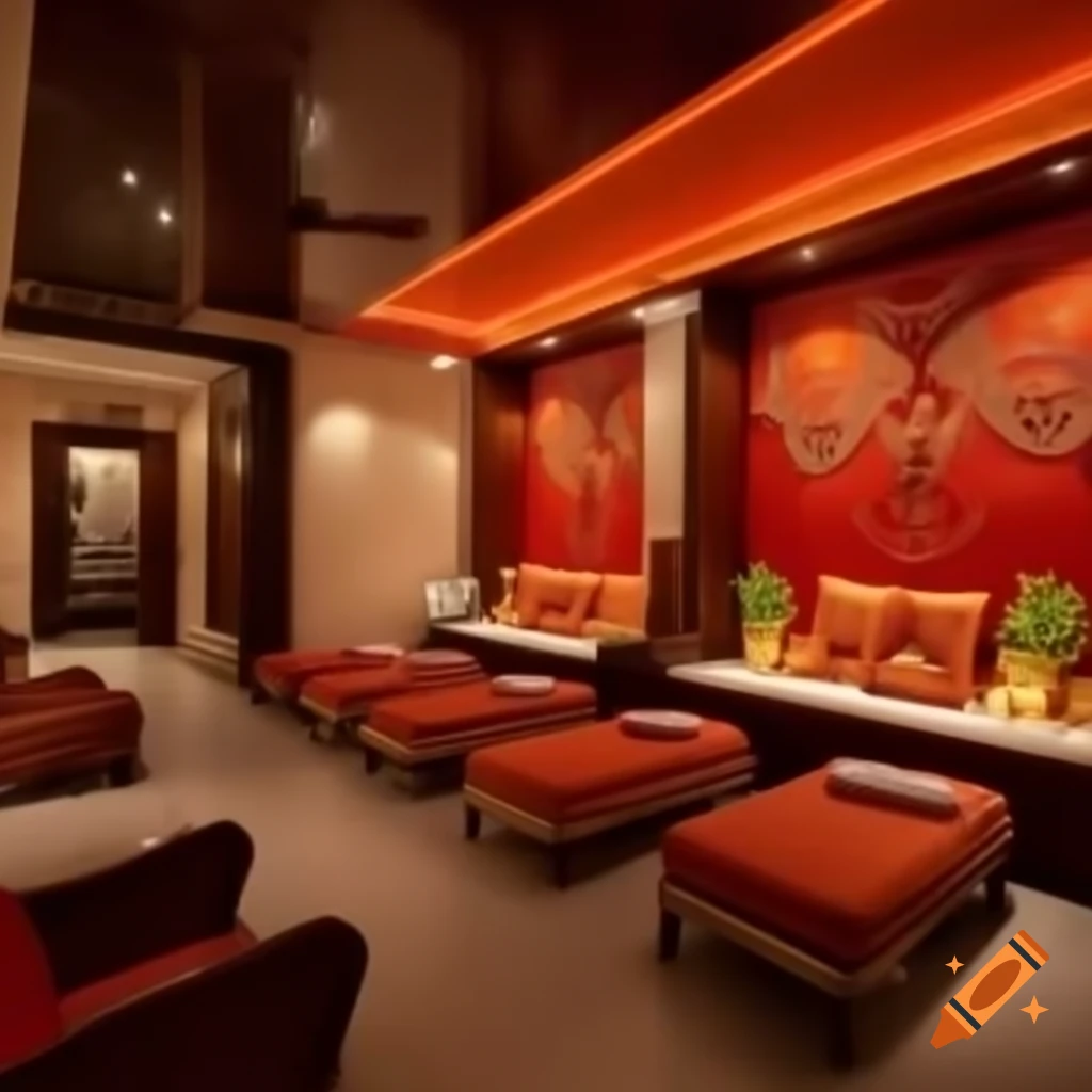 Indian-themed spa waiting area with vibrant colors and dreamcatchers on ...