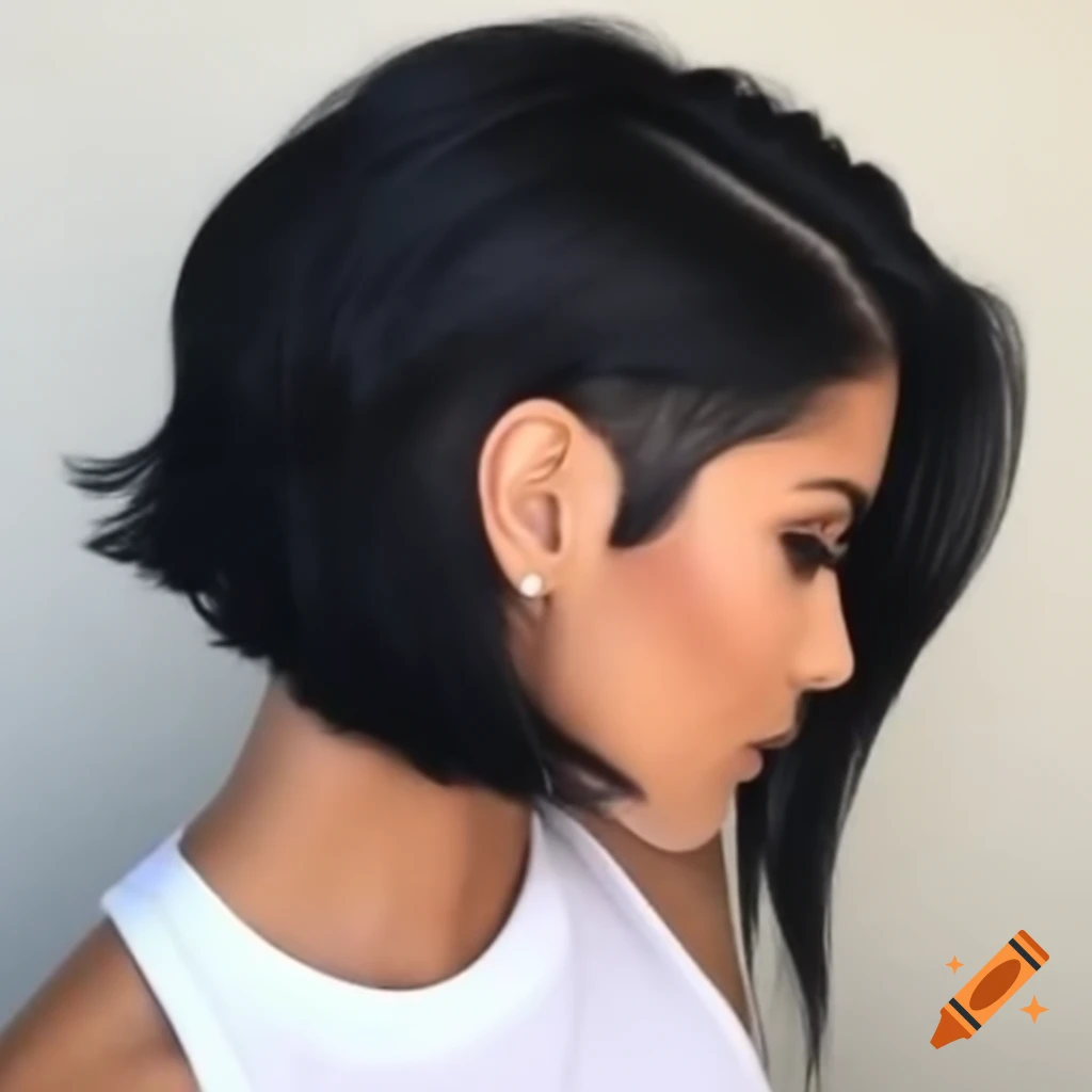 Woman with extreme shaved undercut and angled bob haircut on Craiyon
