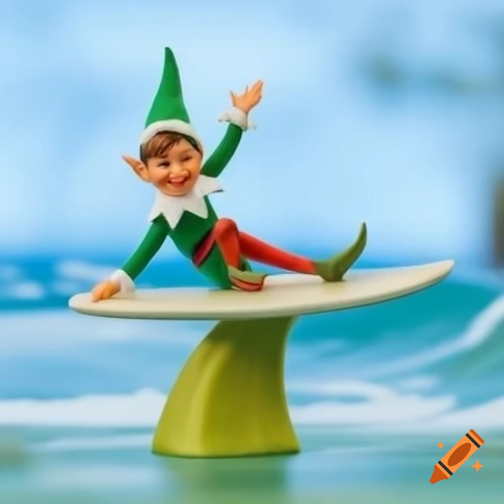 Elf on the shelf surfing at Horseshoe Point, La Jolla on Craiyon