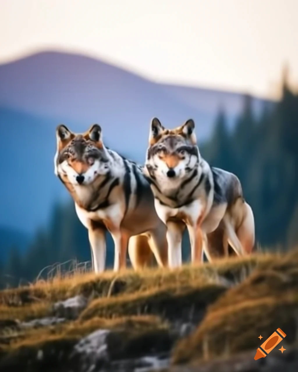 Two wolves walking over a hill with distant mountains on Craiyon