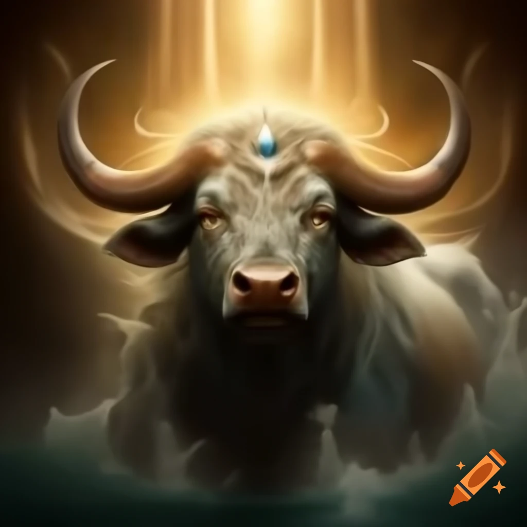 Majestic water buffalo Bahubali with curly horns and gentle eyes on Craiyon
