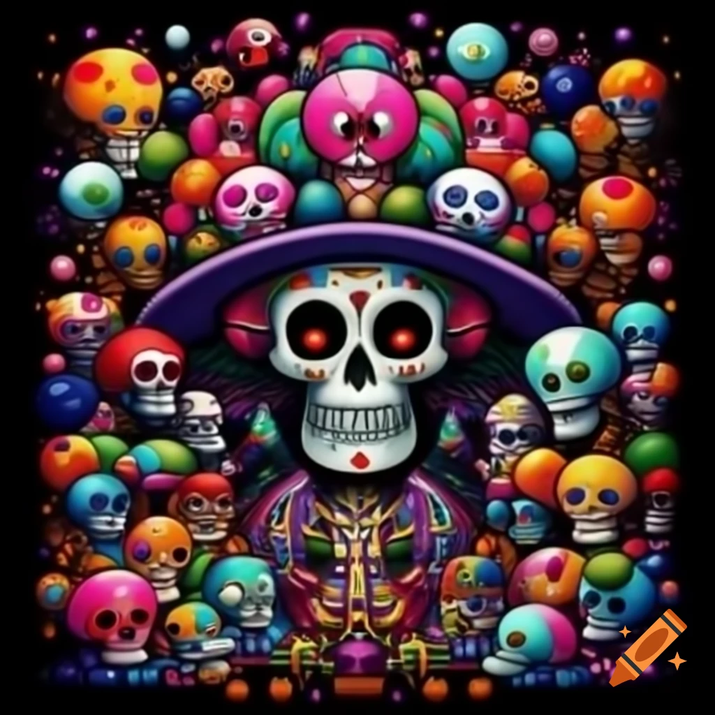 Intricate painting with skulls blending Día de los Muertos and pop-art ...