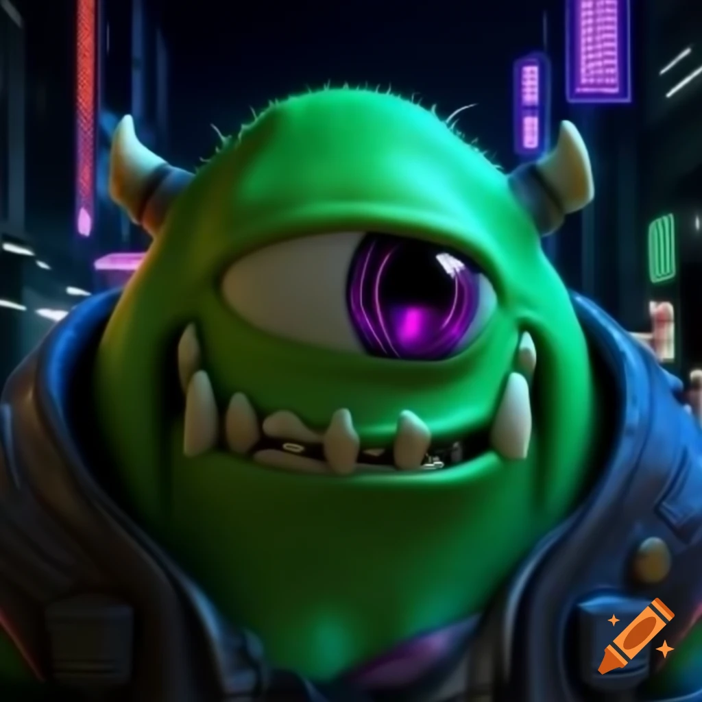 Mike Wazowski in futuristic cyberpunk style with neon lights at night ...
