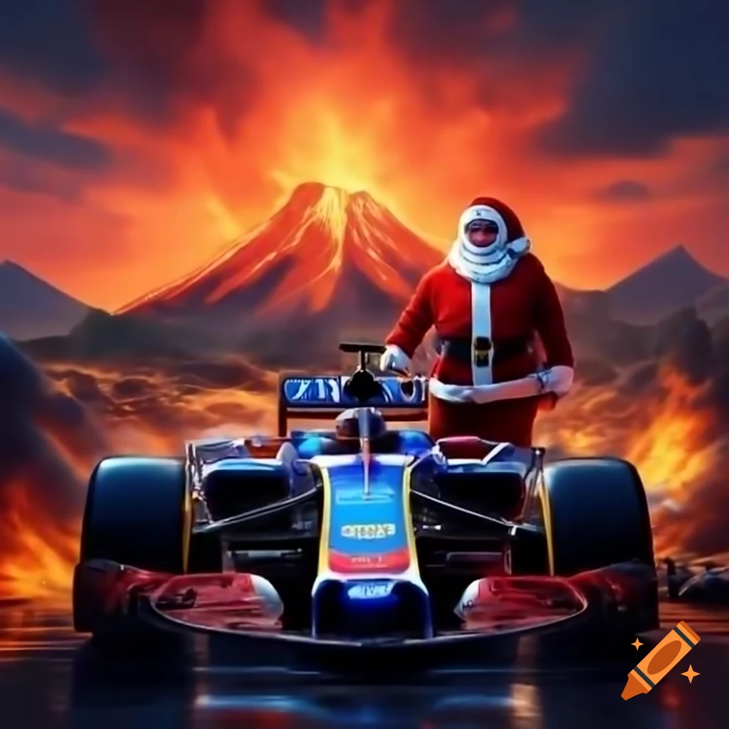 Santa Claus racing in Formula One car near erupting volcano on Craiyon