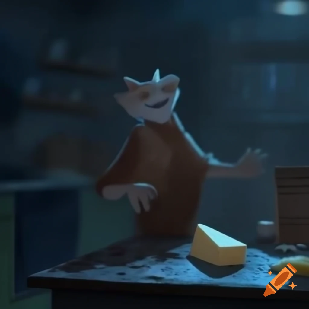 Feline chasing mouse with cheese in rustic kitchen during rainy night ...