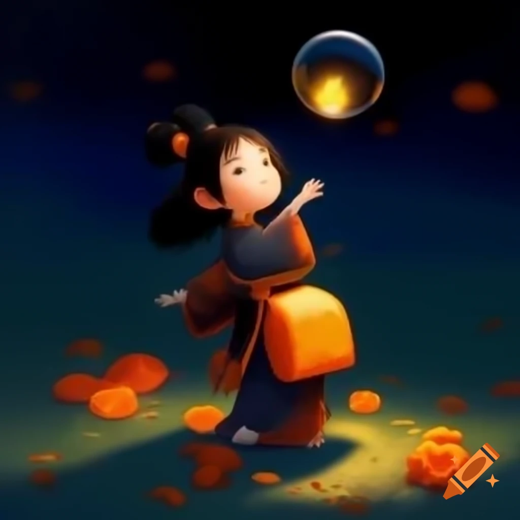 Ant carrying soap bubble with firefly in twilight ukiyo-e scene on Craiyon