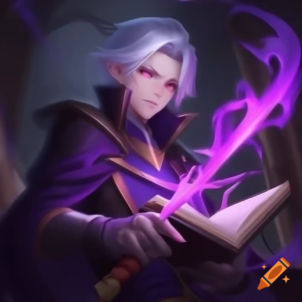 Young male mage with silver hair and purple highlights holding a magic ...