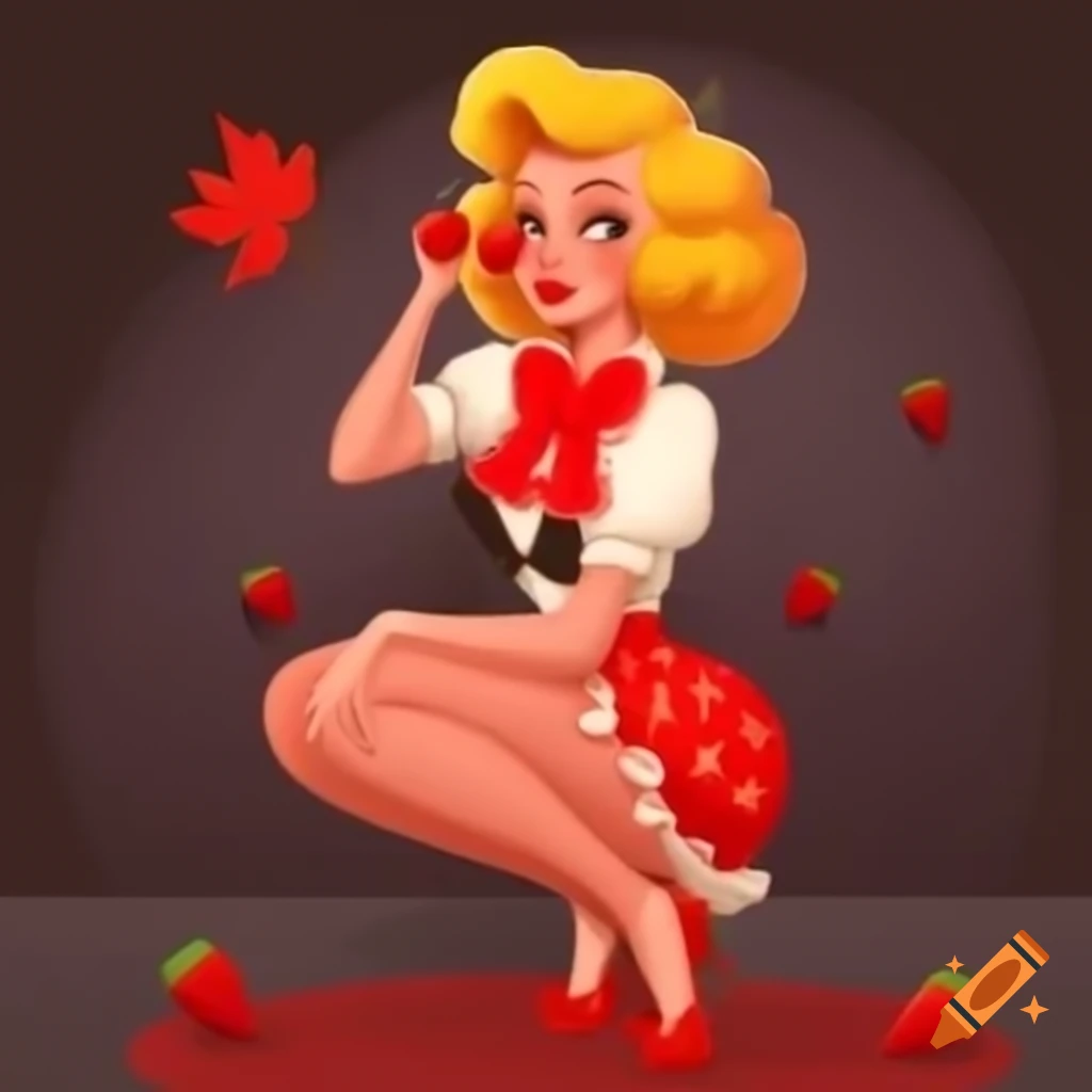 Classic pinup girl with strawberry blonde hair, red maple leaf shirt, and strawberries on Craiyon