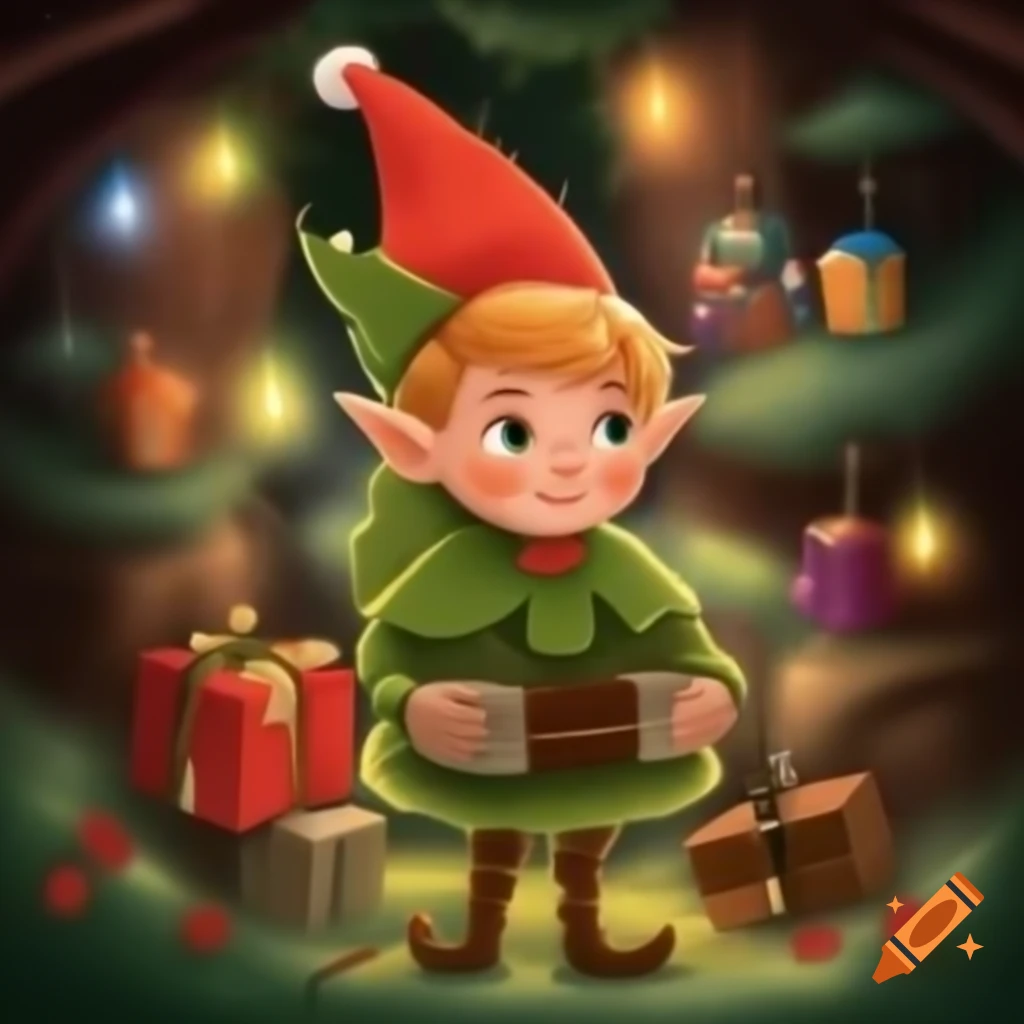 Elves giving gifts to happy children in a festive circle, Christmas ...