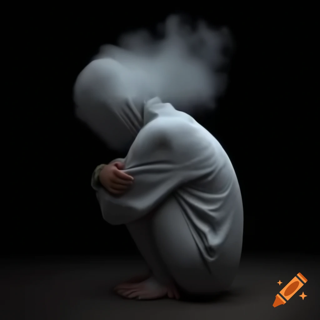 Shadowy figure resembling grey mist, embodying sorrow and weight on Craiyon