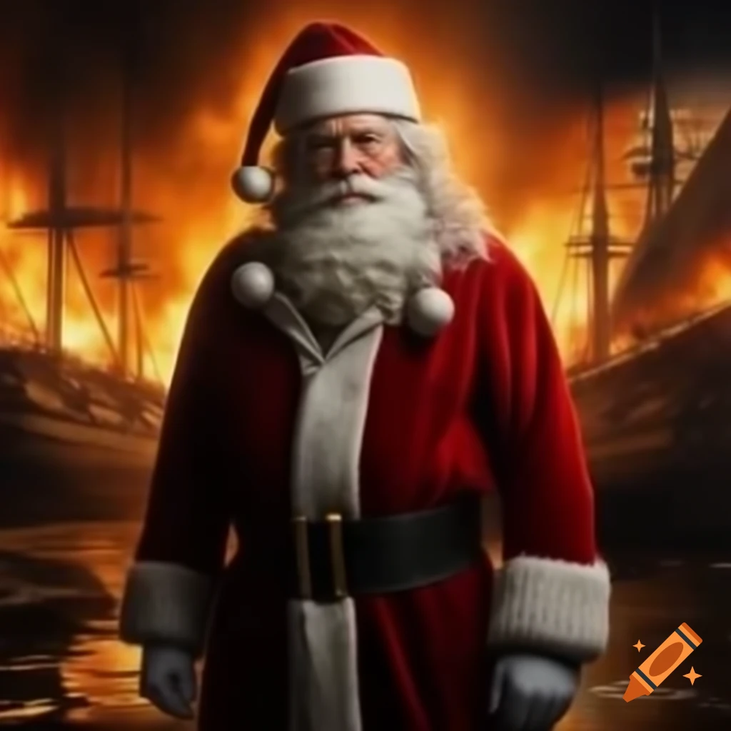 Hernan Cortes depicted as Santa Claus with burning ships backdrop on ...